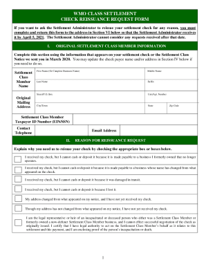 Fillable Online WMO CLASS SETTLEMENT CHECK REISSUANCE REQUEST FORM Fax ...