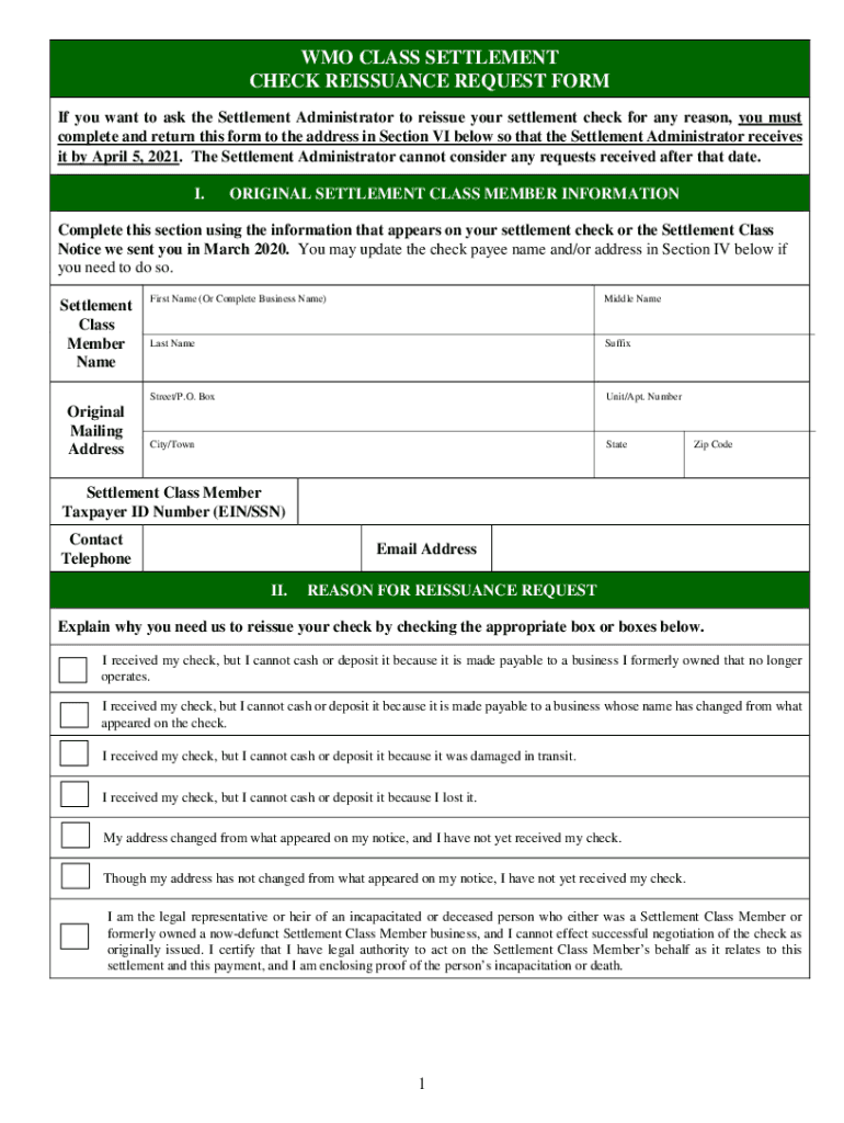 Fillable Online WMO CLASS SETTLEMENT CHECK REISSUANCE REQUEST FORM Fax Email Print - pdfFiller