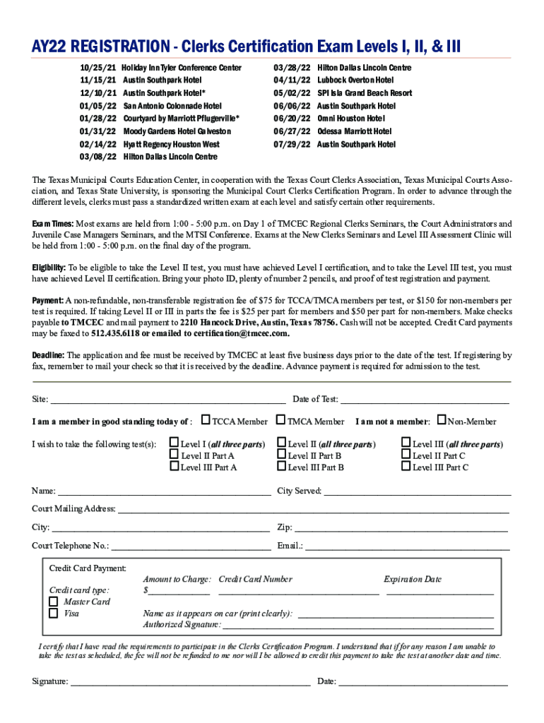 Fillable Online AY22 REGISTRATION - Clerks Certification Exam Levels I ...