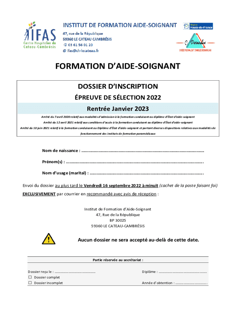 Remplissable En Ligne Dossier d'inscription pour la Formation Aide-Soignante ( ... Fax Email ...