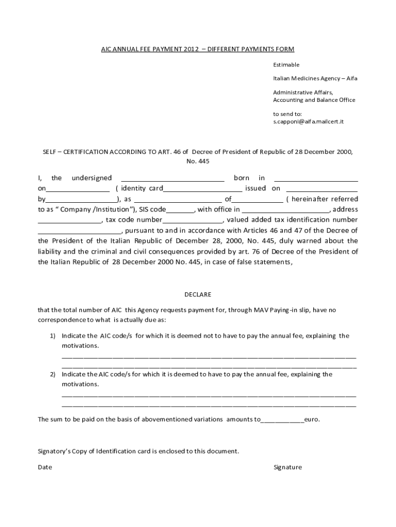 Fillable Online AIC ANNUAL FEE PAYMENT 2012 DIFFERENT PAYMENTS FORM Fax ...