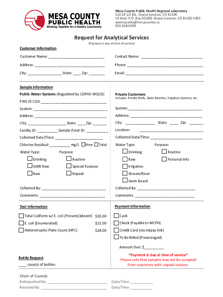 Fillable Online health mesacounty Request for Analytical Services Fax ...