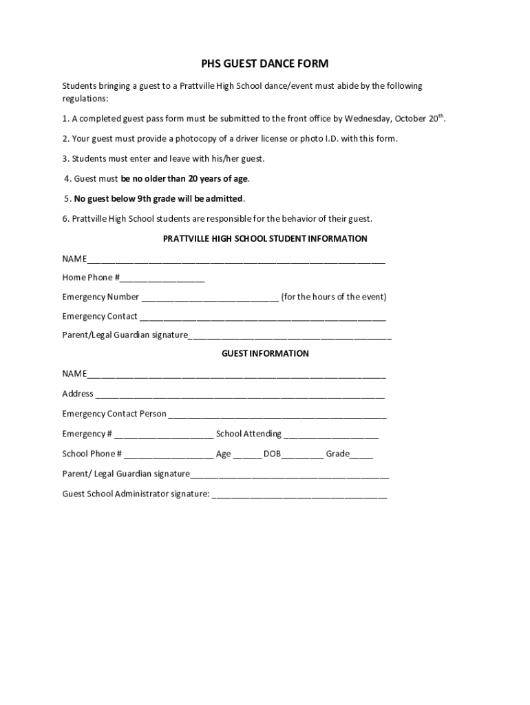 Fillable Online DANCE GUEST PASS FORM - Parowan High School Fax Email ...