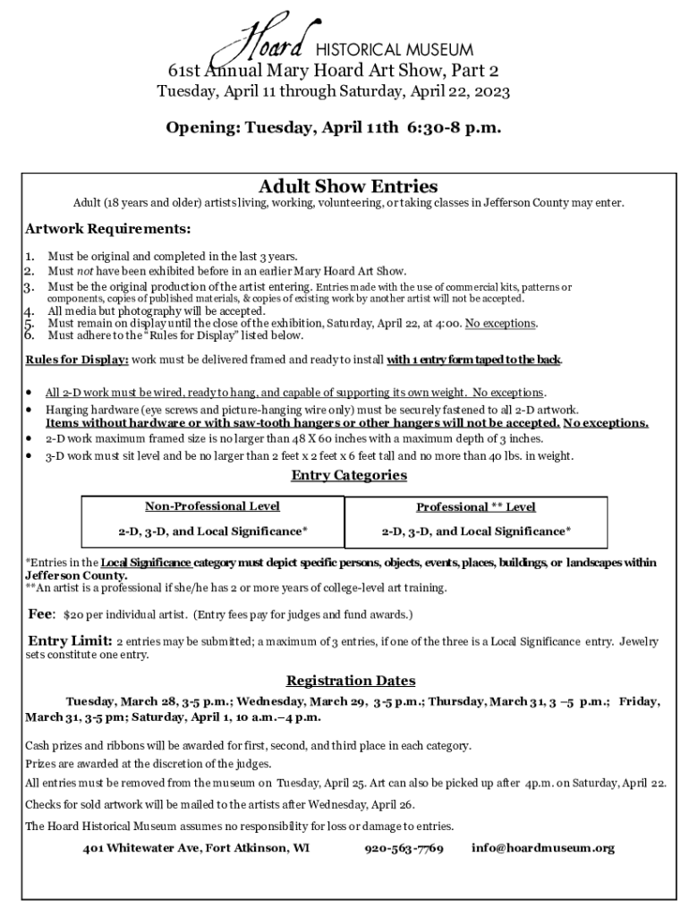 Fillable Online Adult Show Entries 61st Annual Mary Hoard Art Show ...