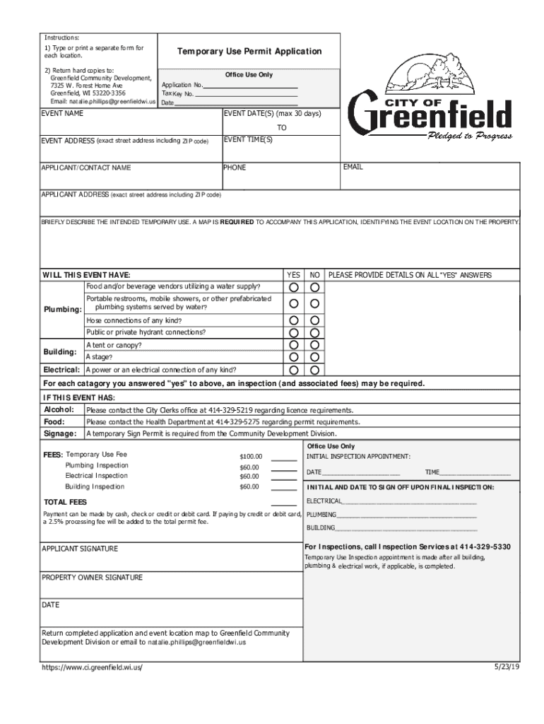 Fillable Online Temporary Use Permit Application - Greenfield, WI Fax ...
