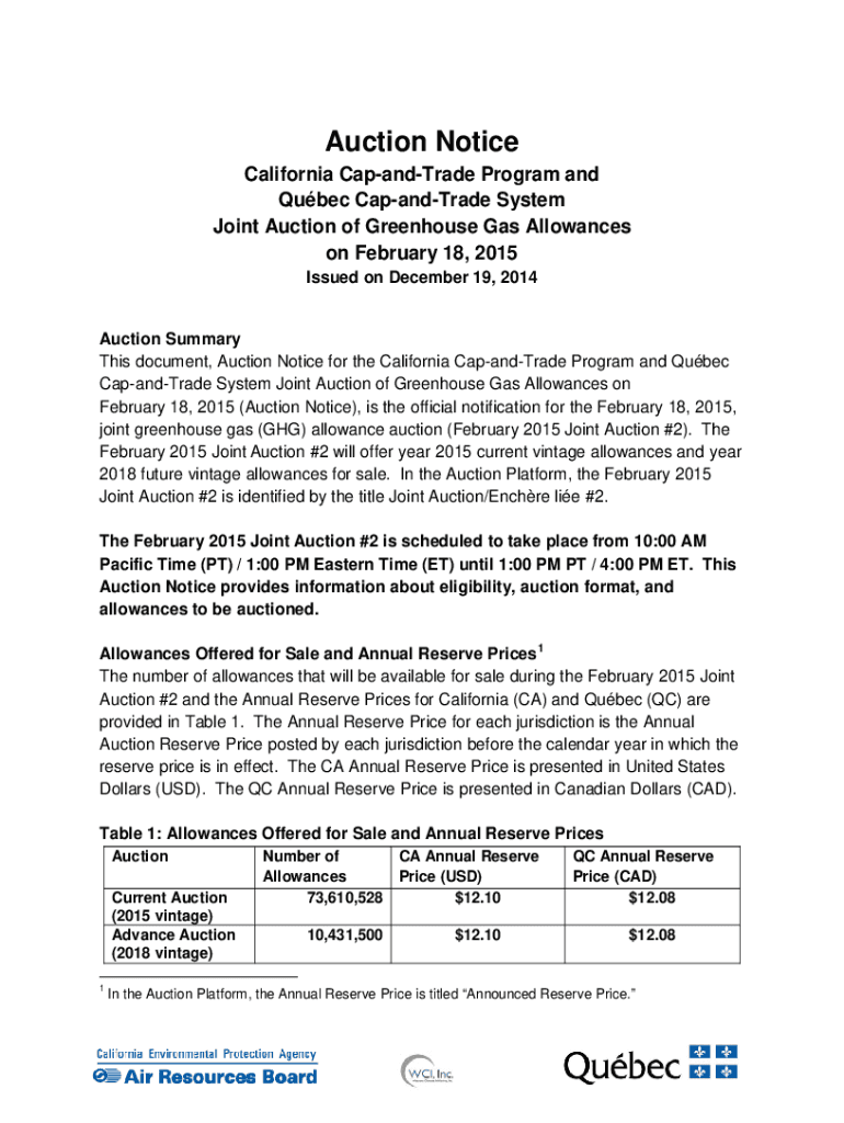 Fillable Online Auction Notice Joint Auction of Greenhouse Gas ...