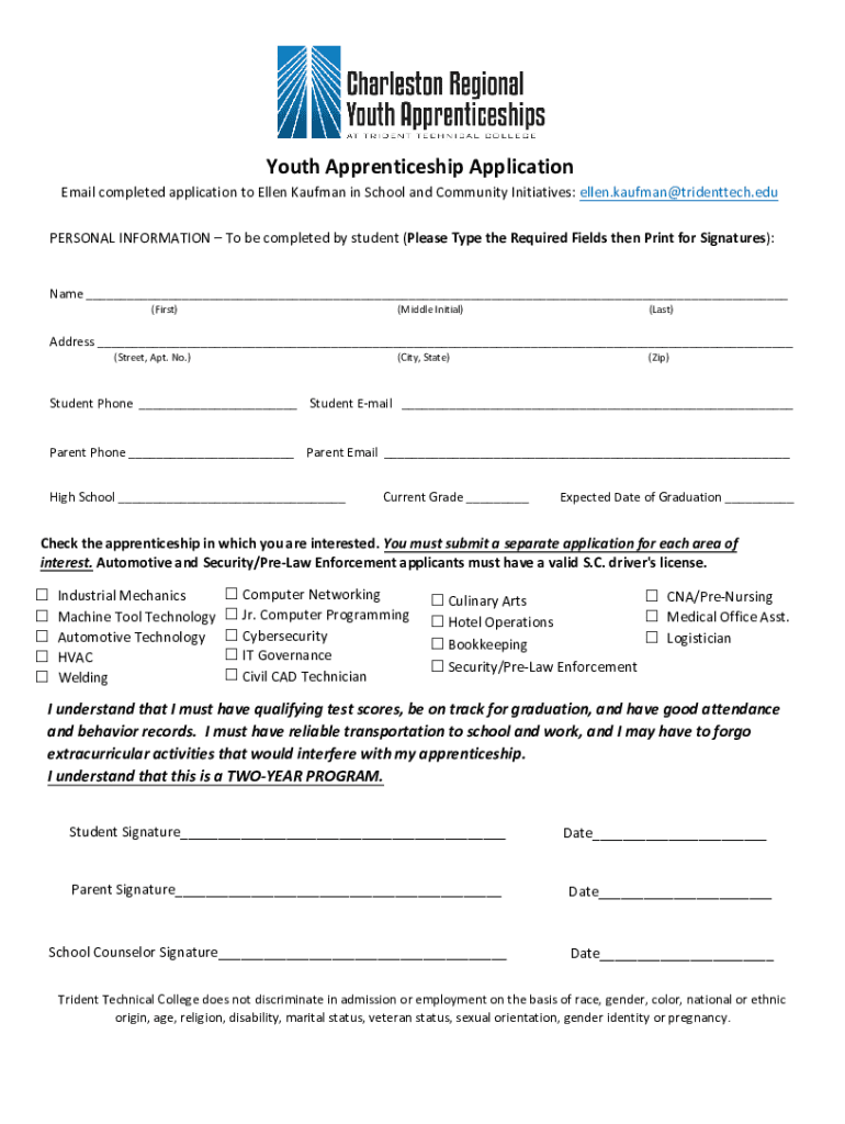 Fillable Online Free fillable Youth Apprenticeship Application Packet ...