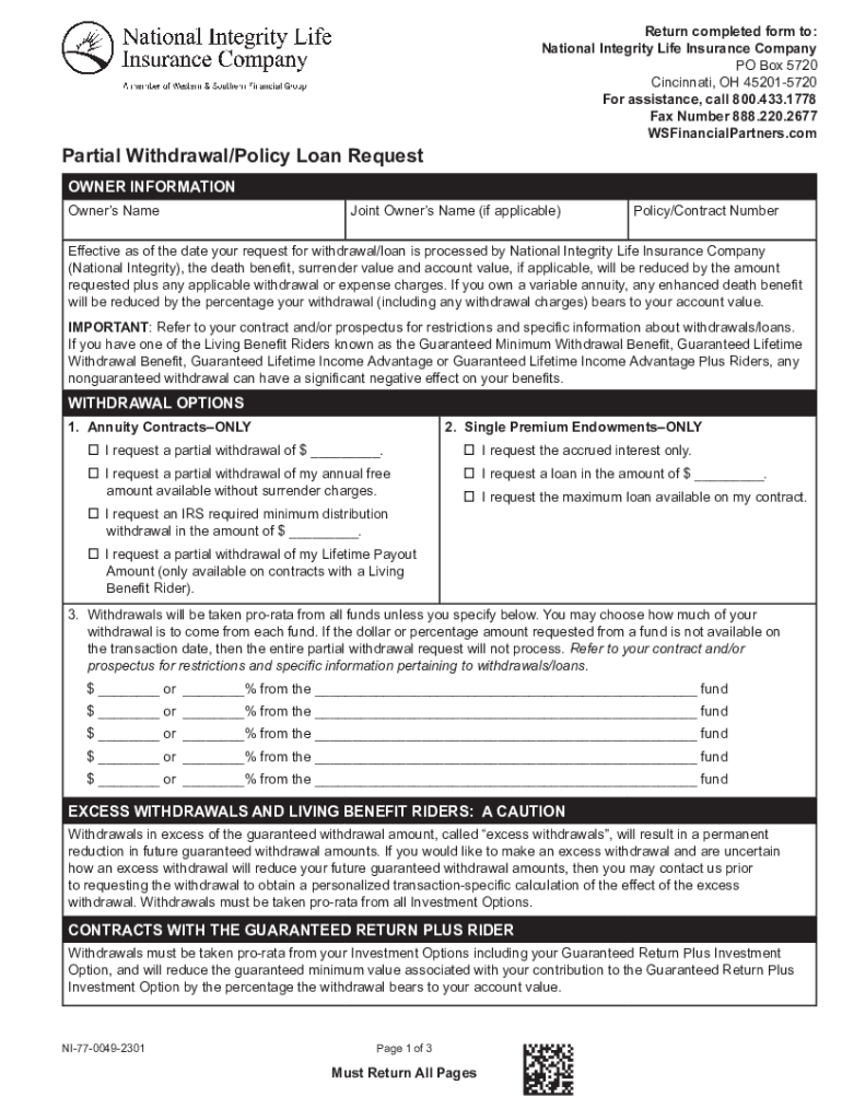 Fillable Online Partial Withdrawal/Policy Loan Request. NI-77-0049-2301 ...
