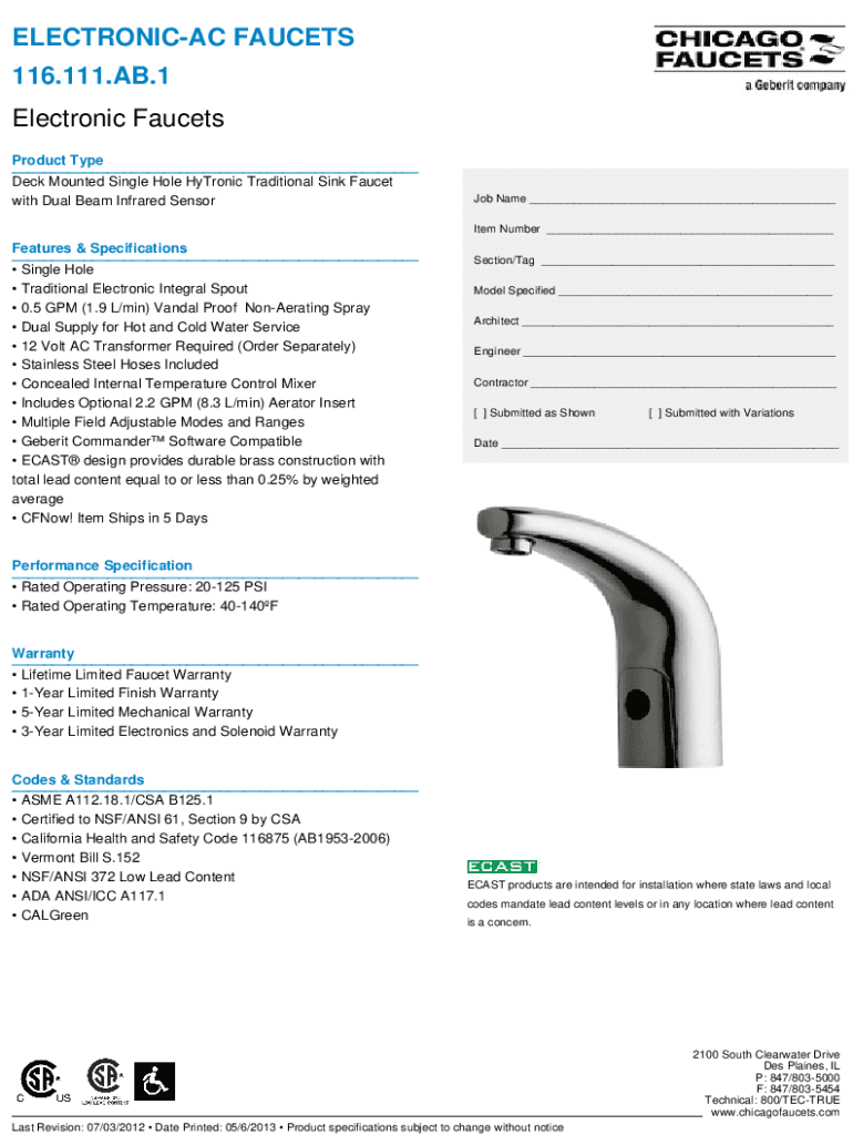 Fillable Online Chicago Faucets 116.111.AB.1 HyTronic Traditional Sink ...