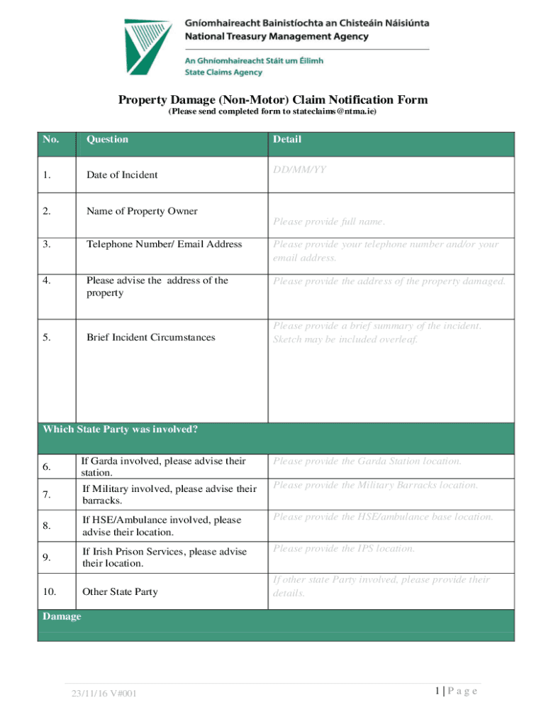Fillable Online Property Damage (Non-Motor) Claim Notification Form Fax ...
