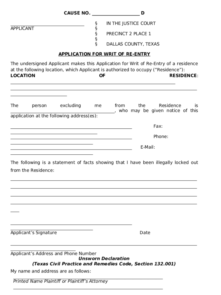 Application for Writ of ReEntry Doc Template | pdfFiller
