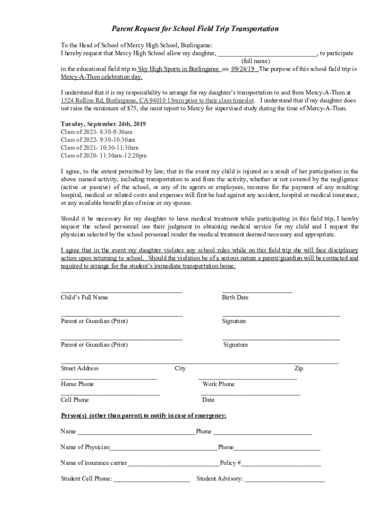 Fillable Online Parent Request for School Field Trip Transportation Fax ...