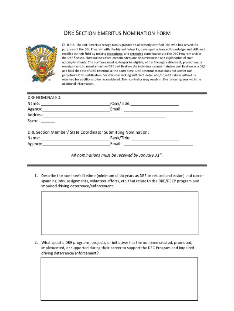 Fillable Online DRE Section Emeritus Nomination Form.docx Fax Email ...