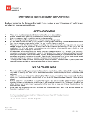 Fillable Online Manufactured Housing Consumer Complaint Form Fax Email ...