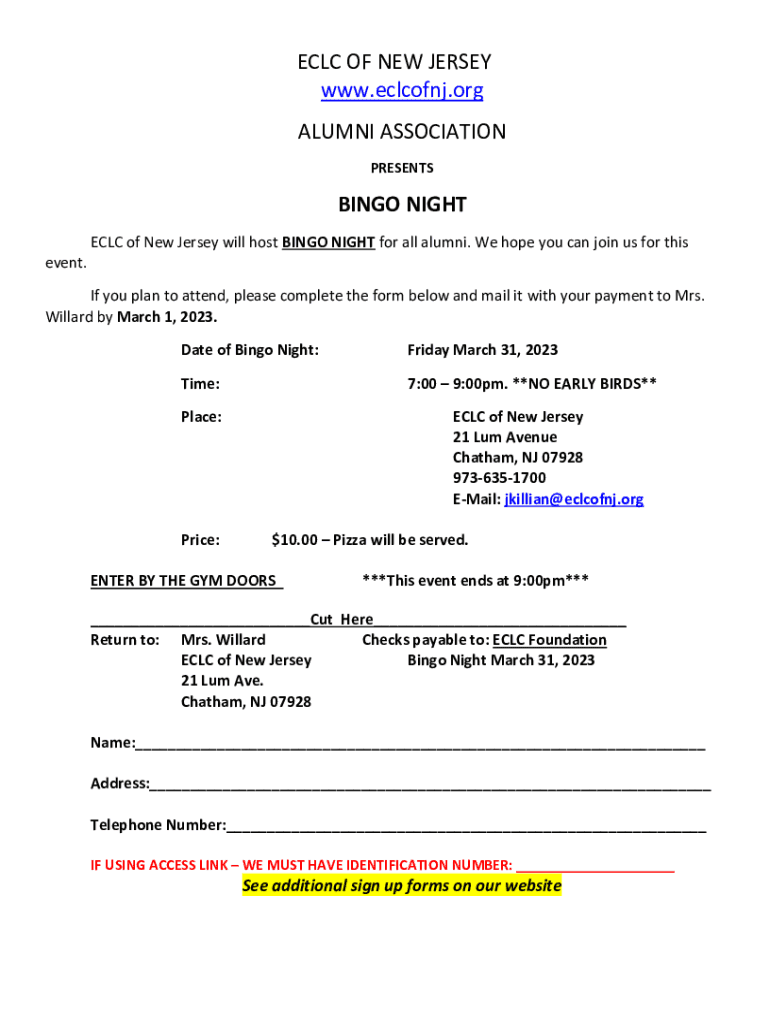 Fillable Online March 31, 2023 Bingo Night form and payment Fax Email ...