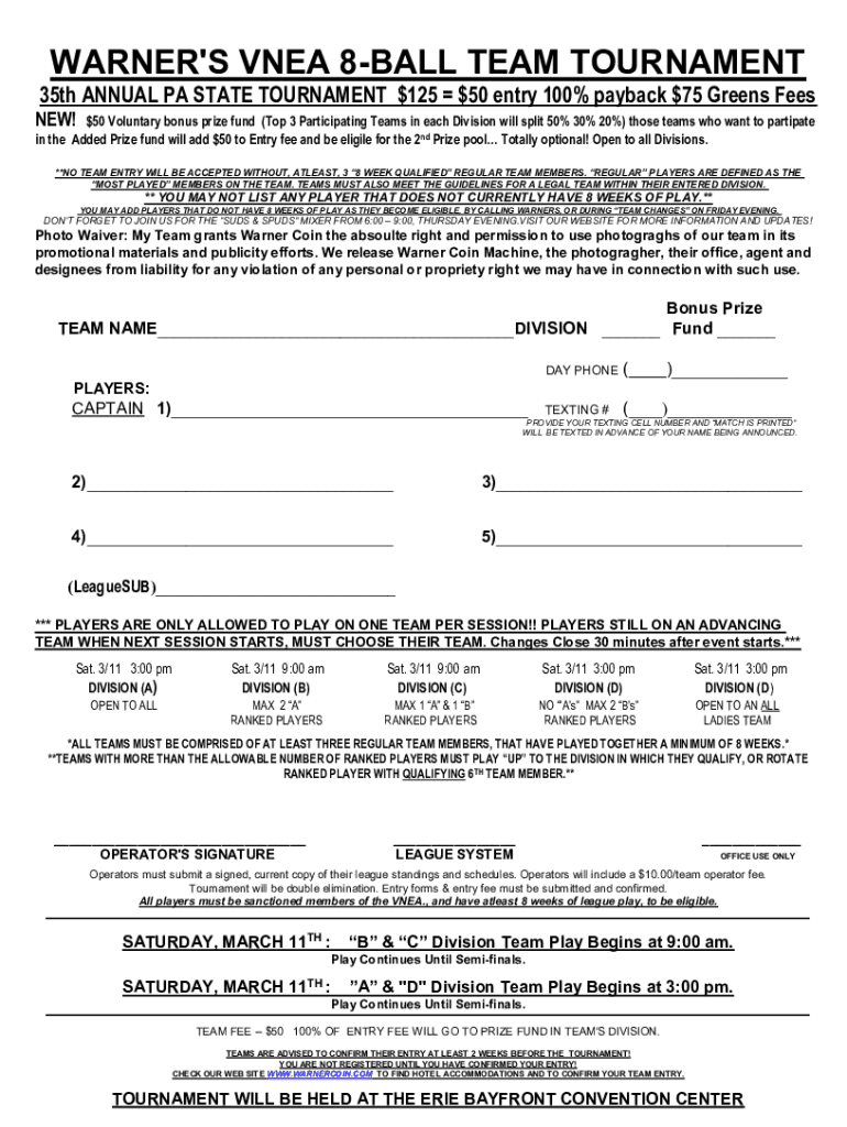 Fillable Online WARNER'S VNEA 8-BALL TEAM TOURNAMENT - Erie Fax Email ...