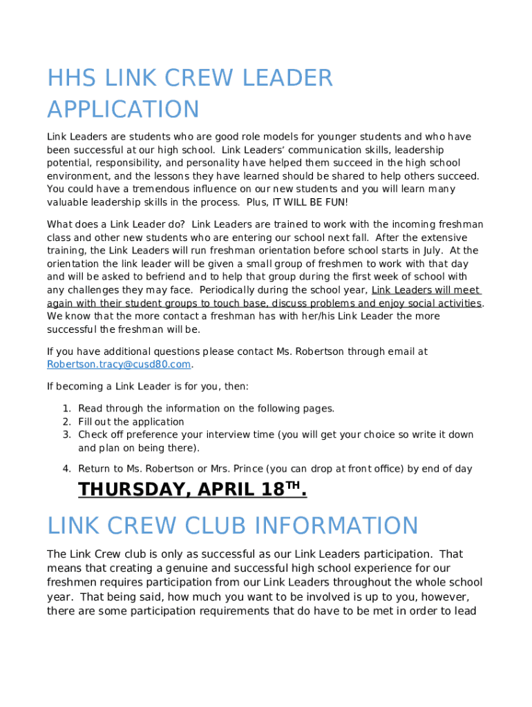 Link Crew - Sage Creek High School Doc Template | pdfFiller