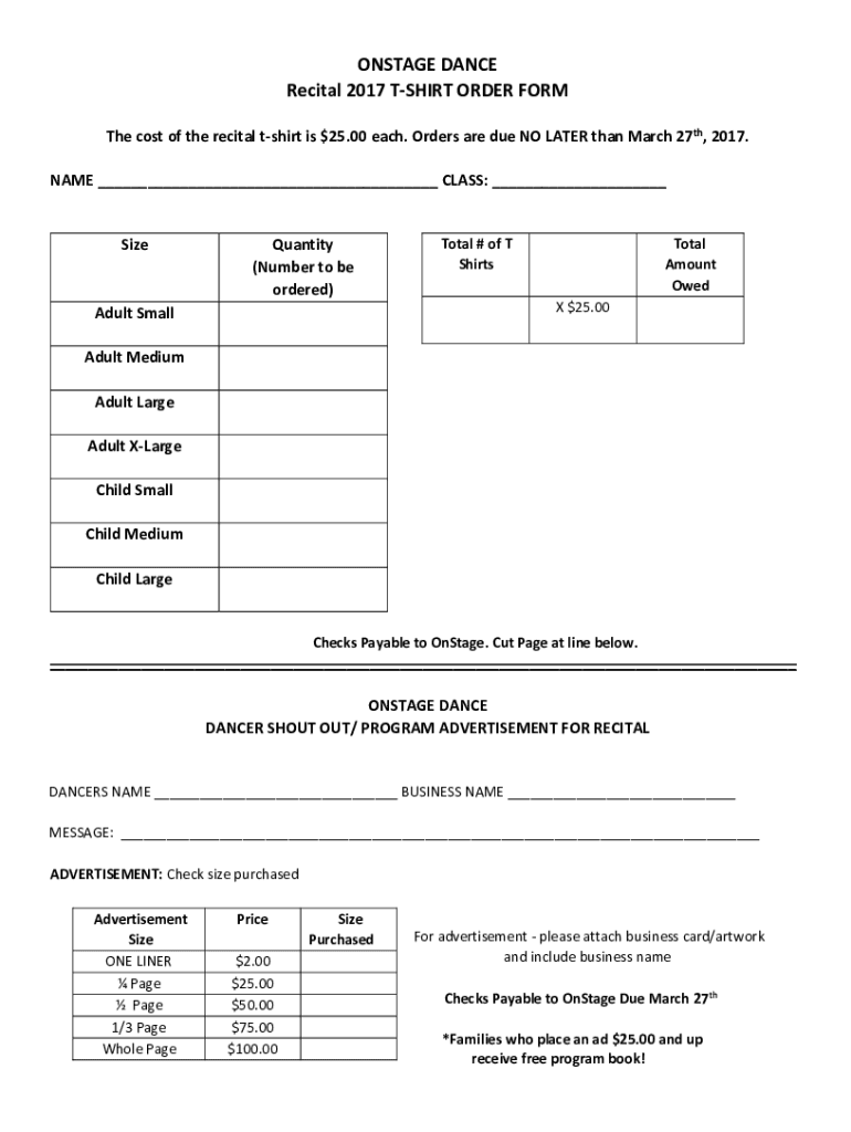 Fillable Online Recital T-shirt Order Form Due by March 1st - Dance ...