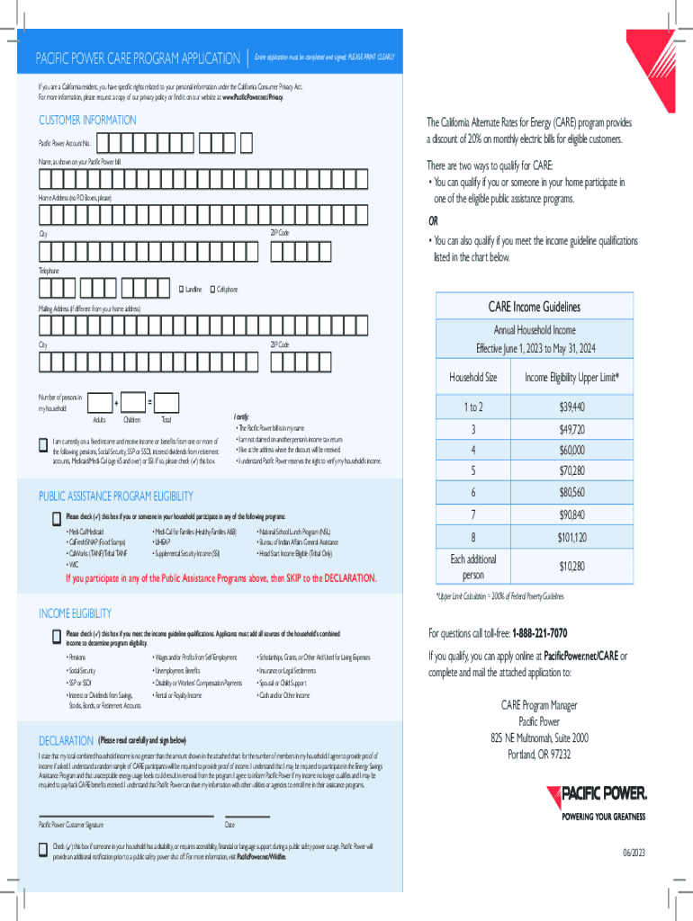 Fillable Online PACIFIC POWER CARE PROGRAM APPLICATION ... Fax Email ...