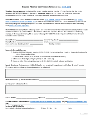 Fillable Online Excused Absence from Class Attendance (See HOP 5.09 ...