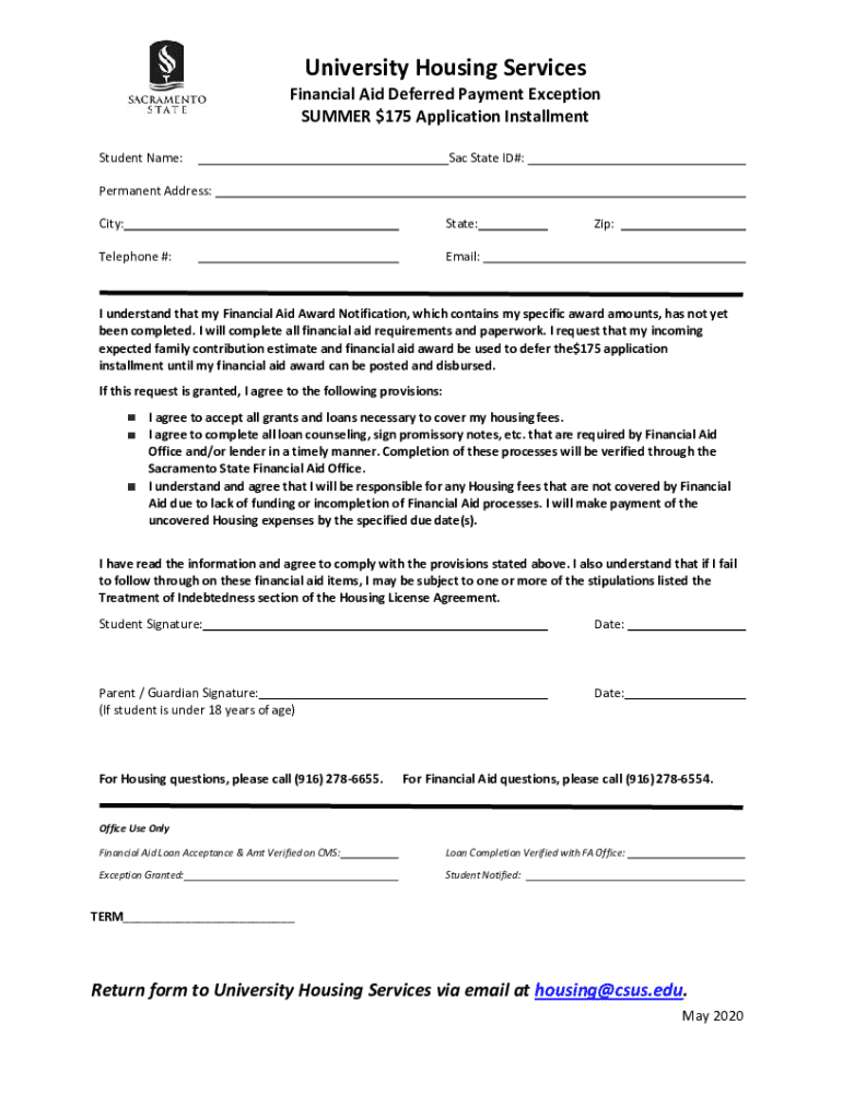 Fillable Online University Housing Services - Financial Aid Deferred Payment Exception Fax Email ...