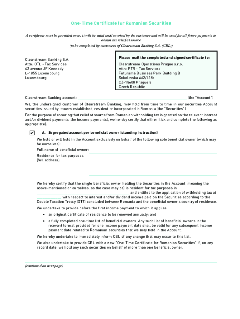 Fillable Online One-Time Certificate for Romanian Securities Fax Email ...