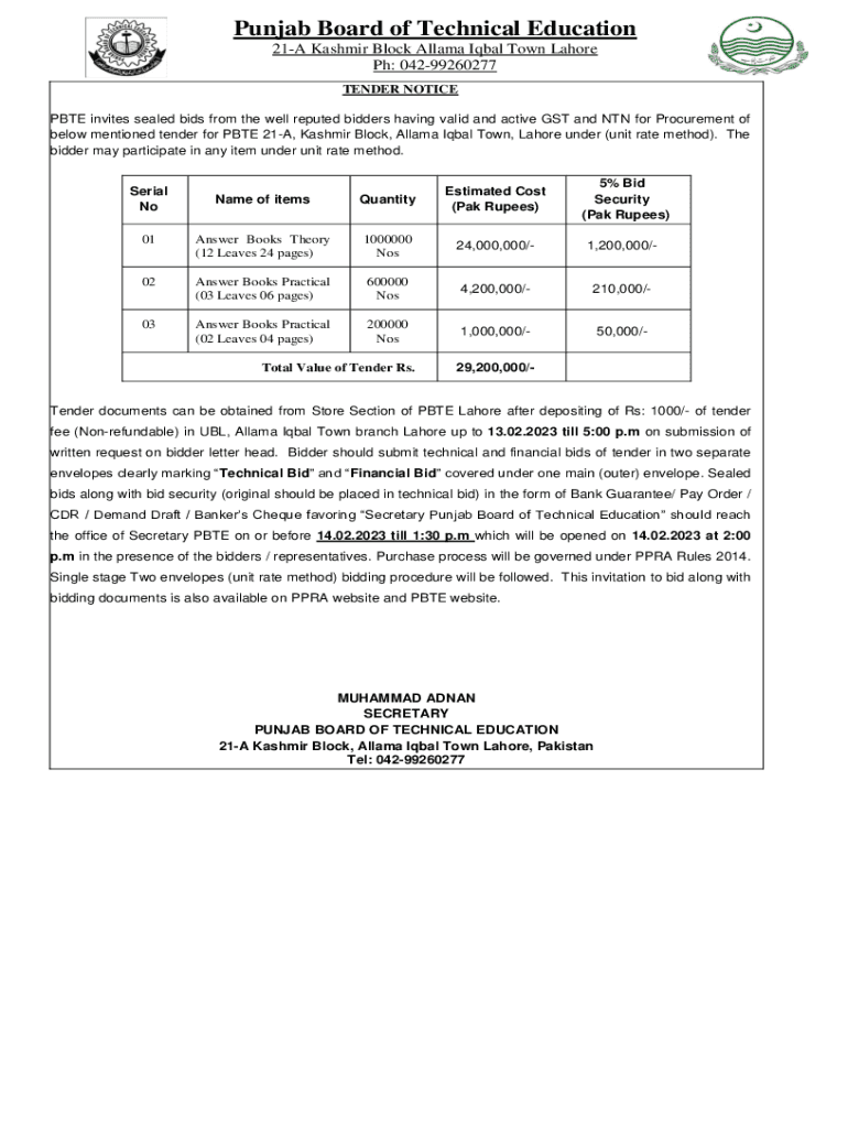 Fillable Online PBTEPunjab Board of Technical Education, Lahore Fax ...