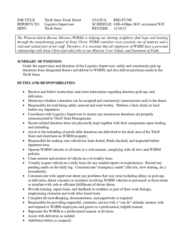 Fillable Online JOB TITLE: Thrift Store Truck Driver STATUS: REG/FT/NE ...