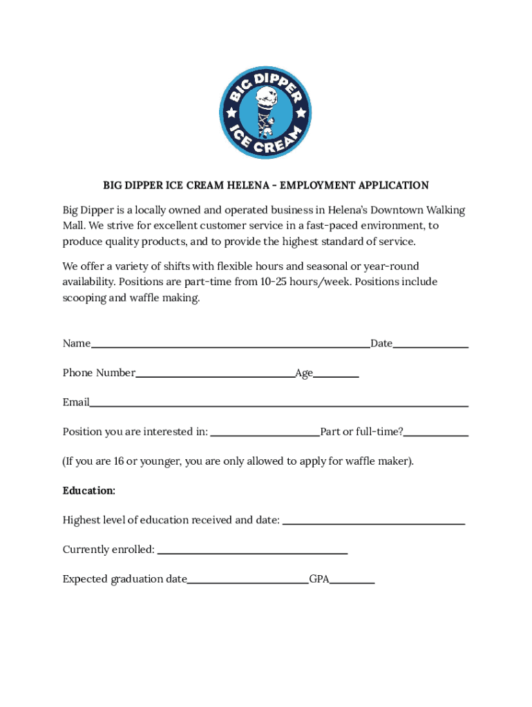Fillable Online Big Dipper Ice Cream Application Fax Email Print ...