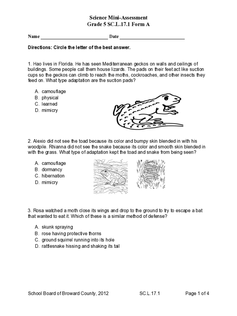 Fillable Online Science Mini-Assessment Grade 5 SC.L.17.1 Form A Fax ...
