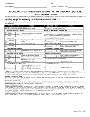 Fillable Online BACHELOR OF ARTS BUSINESS ADMINISTRATION CHECKLIST (122 ...