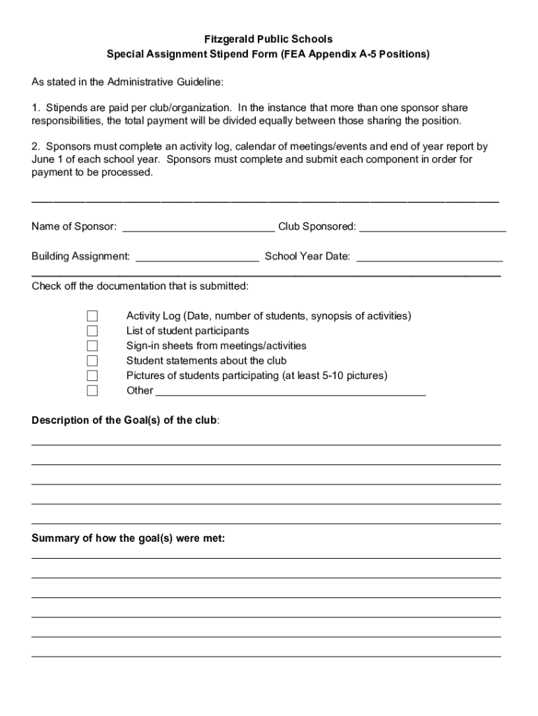 Fillable Online fitz k12 mi Club Sponsor Stipend Form (FEA Appendix A-9 ...