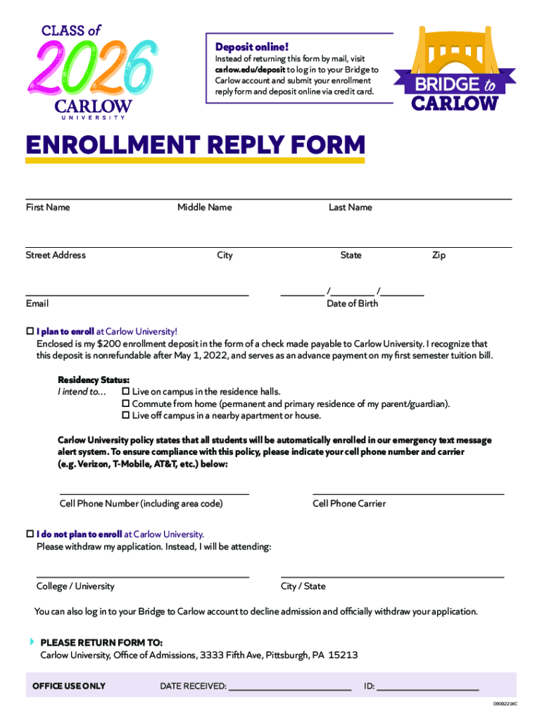 Fillable Online admissions carlow Class of 2026 Enrollment Reply Form ...