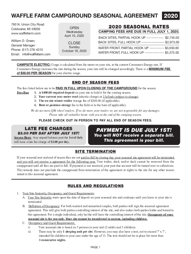 Fillable Online WAFFLE FARM CAMPGROUND SEASONAL Agreement ... Fax Email ...