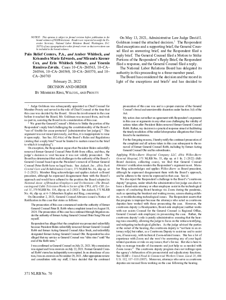 Fillable Online 371 NLRB No. 70 Pain Relief Centers, P.A., and Amber ...