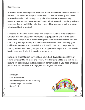 Fillable Online Dear Parents, Welcome to Kindergarten! My name is Mrs ...