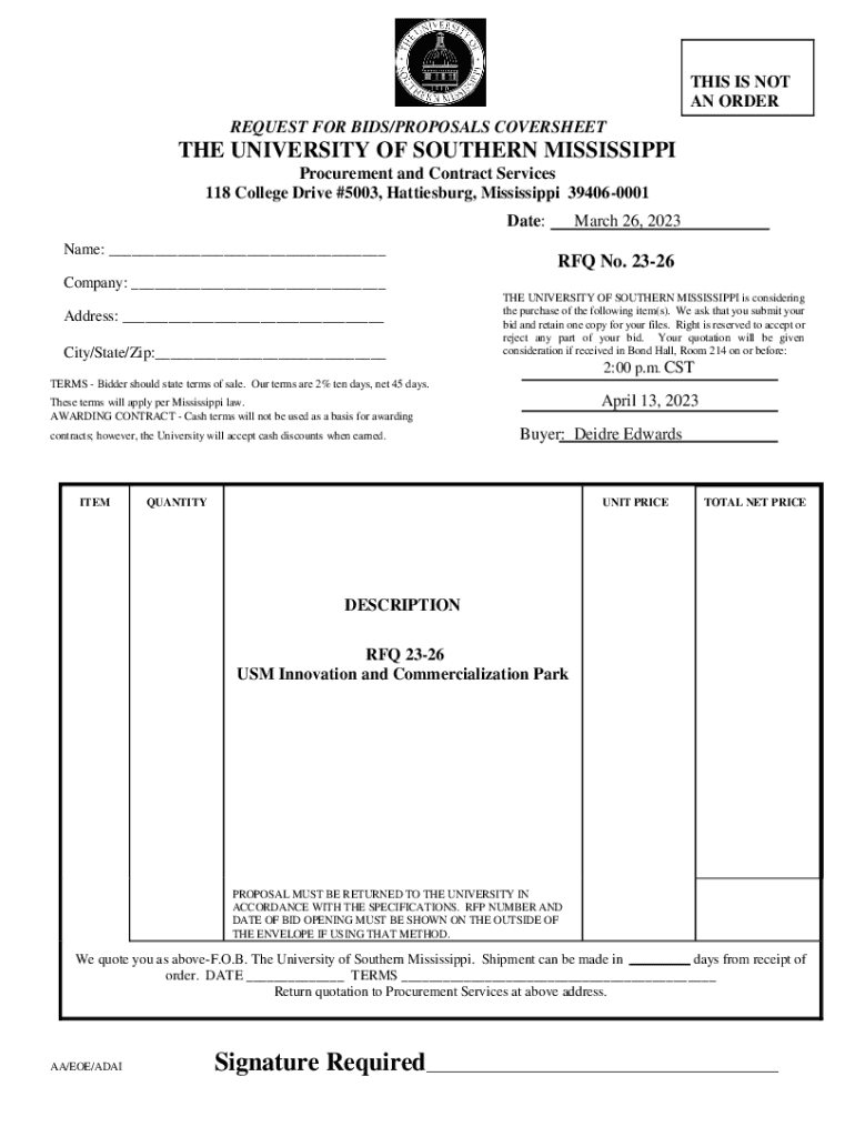 Fillable Online REQUEST FOR BIDS/PROPOSALS COVERSHEET THE ... Fax Email Print - pdfFiller