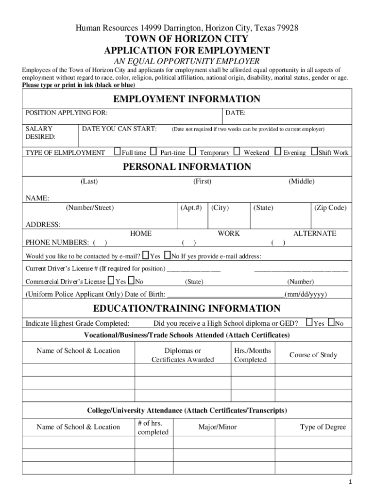 Fillable Online TOWN OF HORIZON CITY APPLICATION FOR EMPLOYMENT ... Fax ...