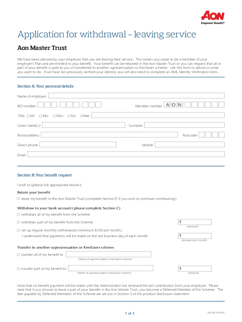 Fillable Online Aon Master Trust applicaiton for withdrawal leaving ...