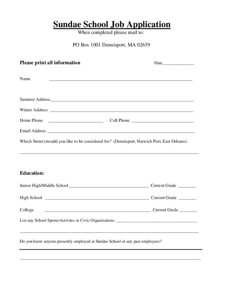 Fillable Online Sundae School Job Application Fax Email Print - pdfFiller