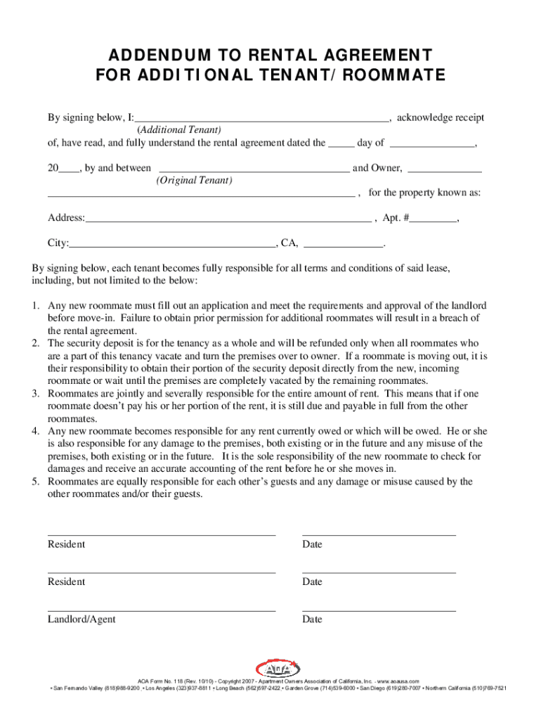 Fillable Online ADDENDUM TO RENTAL AGREEMENT FOR ADDITIONAL ... Fax ...