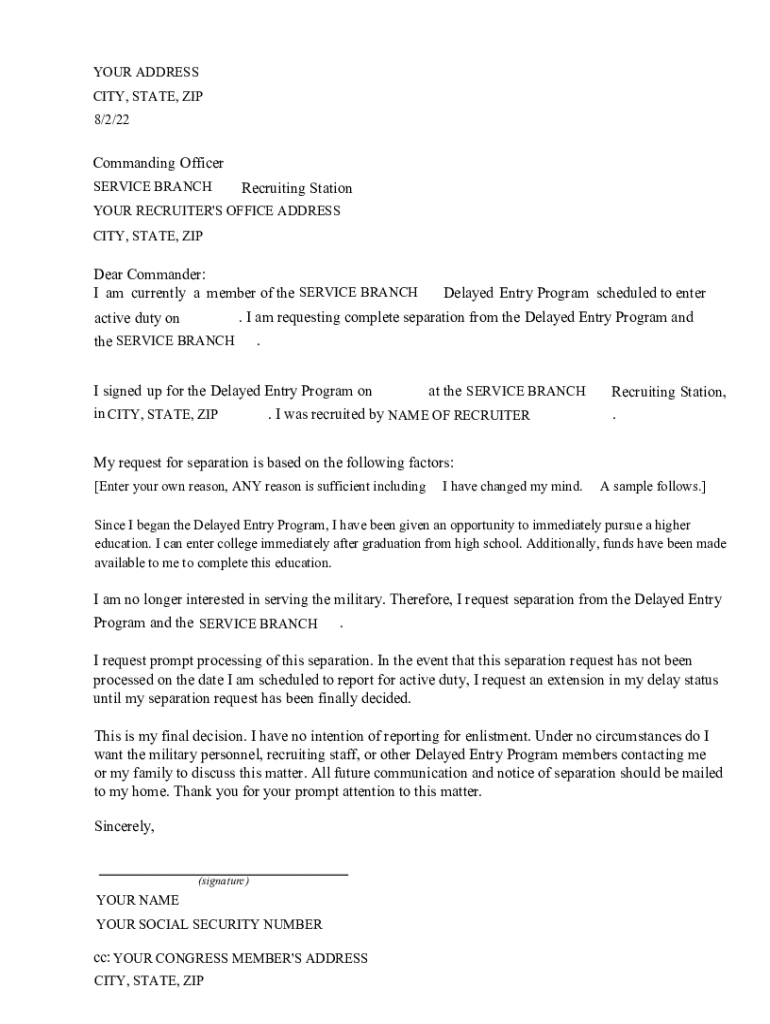 Fillable Online LEGAL SEPARATION FROM THE DELAYED ENLISTMENT PROGRAM ...