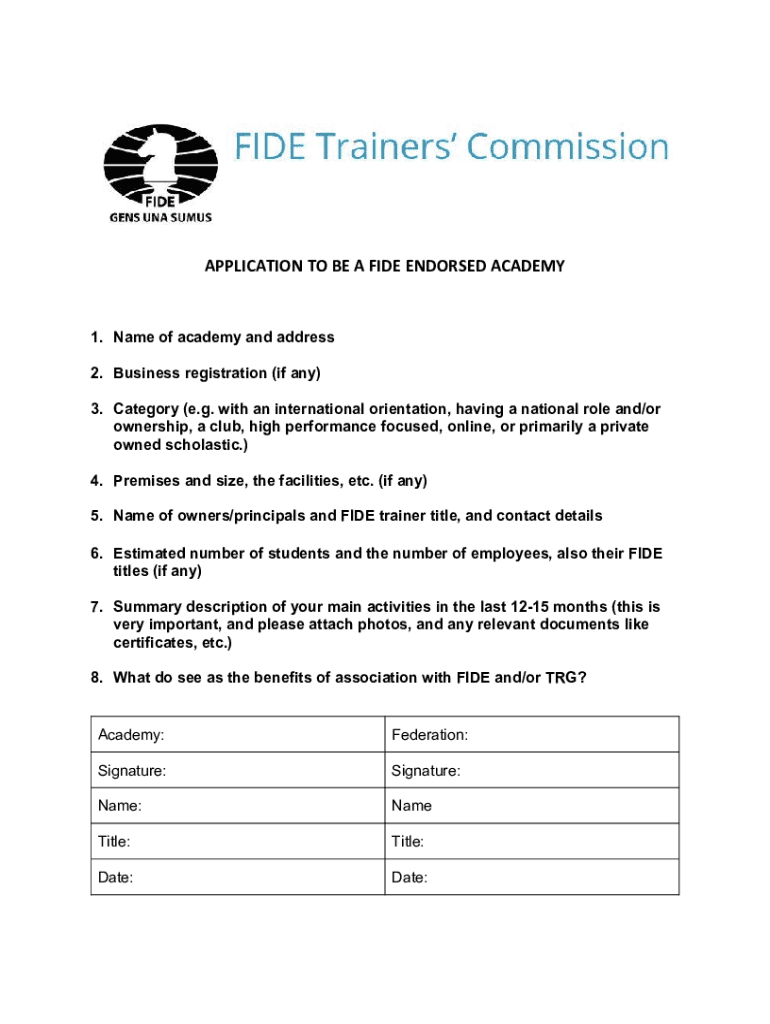 Fillable Online TRG - FIDE Endorsed Academy Application Form Fax Email ...