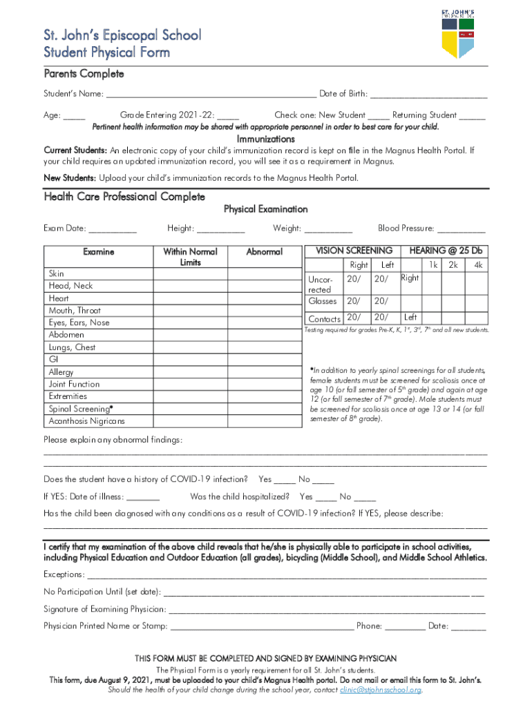 Fillable Online St. John's Episcopal School Student Physical Form Fax Email Print - pdfFiller