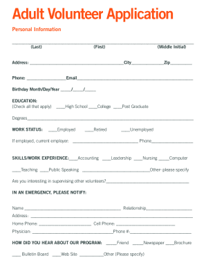 Fillable Online ADULT VOLUNTEER APPLICATION WORK EXPERIENCE ... Fax ...