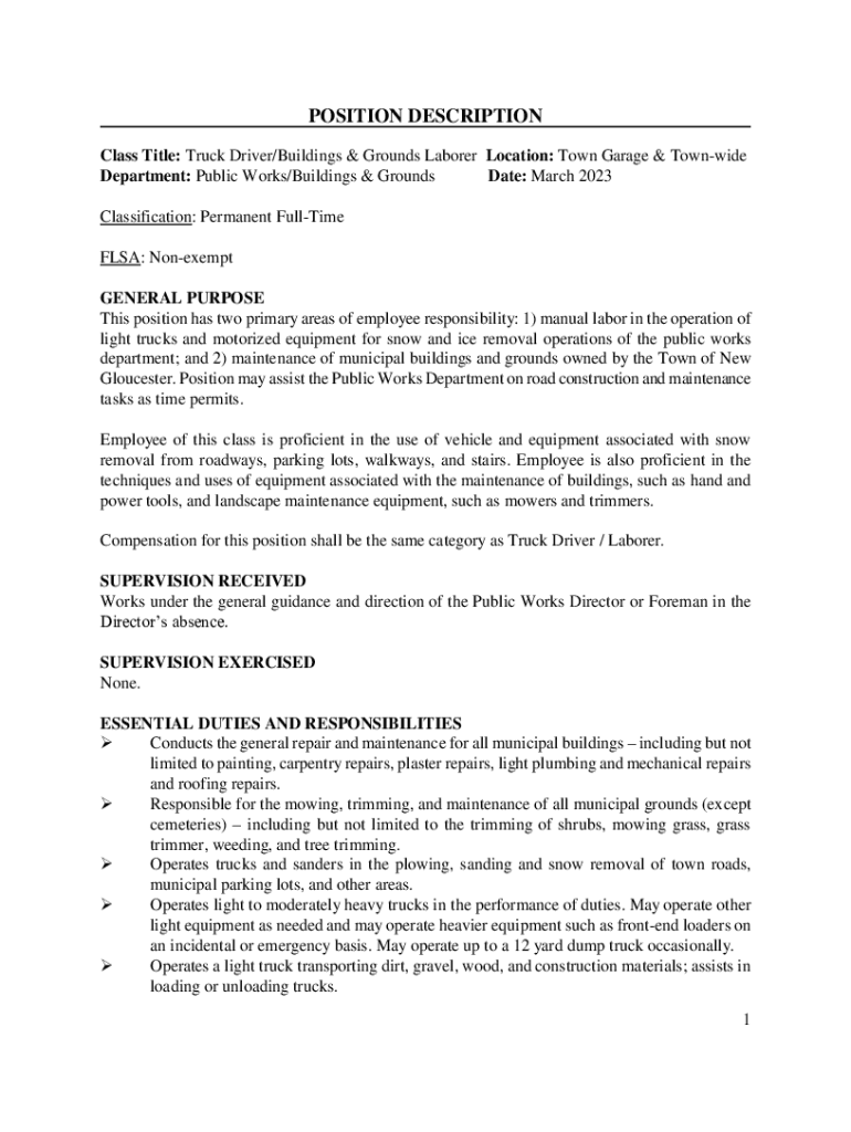 Fillable Online POSITION/JOB TITLE: Class B or higher Truck Driver Fax ...