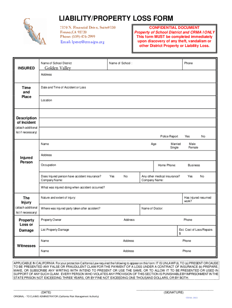 Fillable Online LIABILITY/PROPERTY LOSS FORM Fax Email Print - pdfFiller