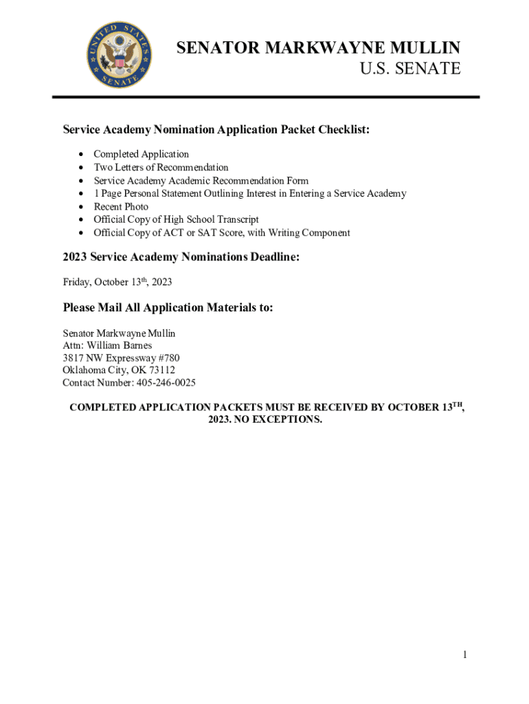 Fillable Online Service Academy Nomination Application Packet Checklist ...