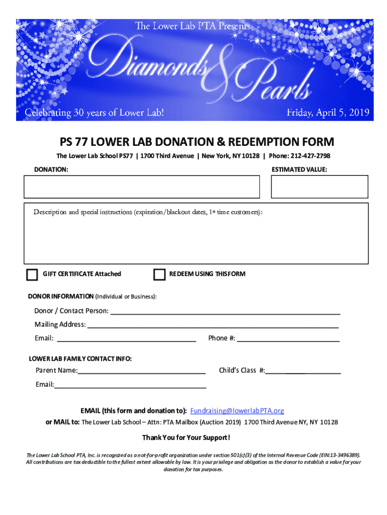 Fillable Online PS 77 LOWER LAB DONATION & REDEMPTION FORM Fax Email ...