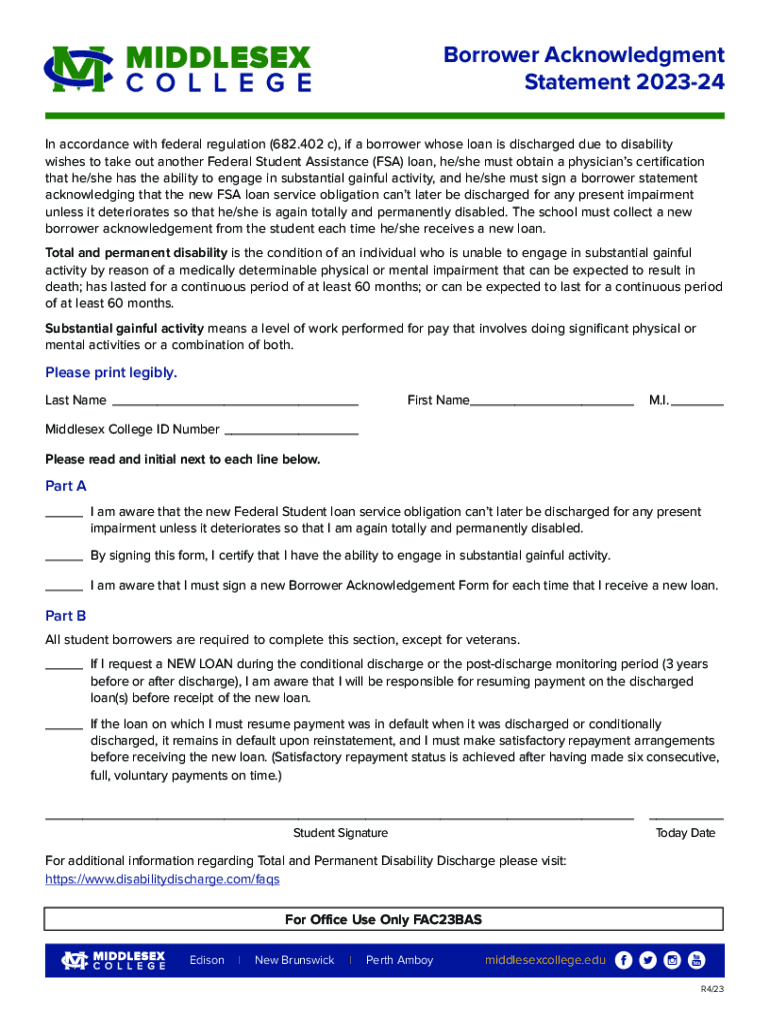 Fillable Online Borrower Acknowledgement Statement Total and ... Fax ...